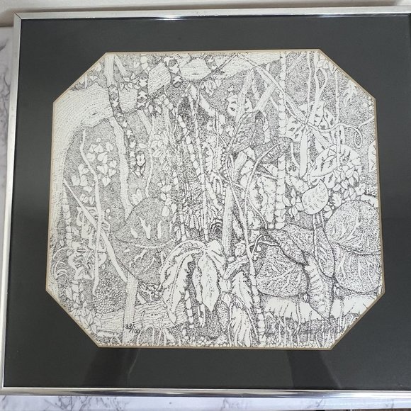 Art | Black White Pointillism Drawing Lush Garden And Snake Framed And ...